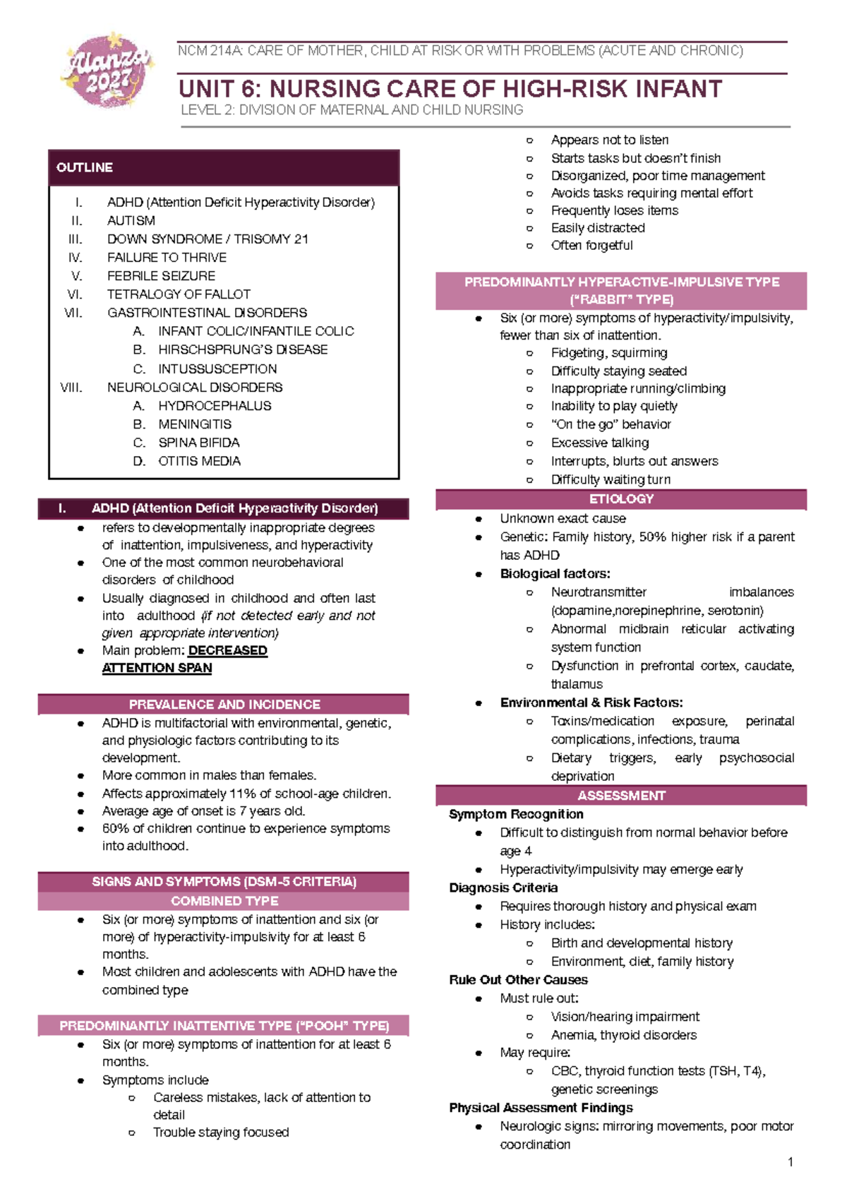 NCM 214A: Unit 6 Nursing Care of High-Risk Infants - ADHD, Autism, Down ...