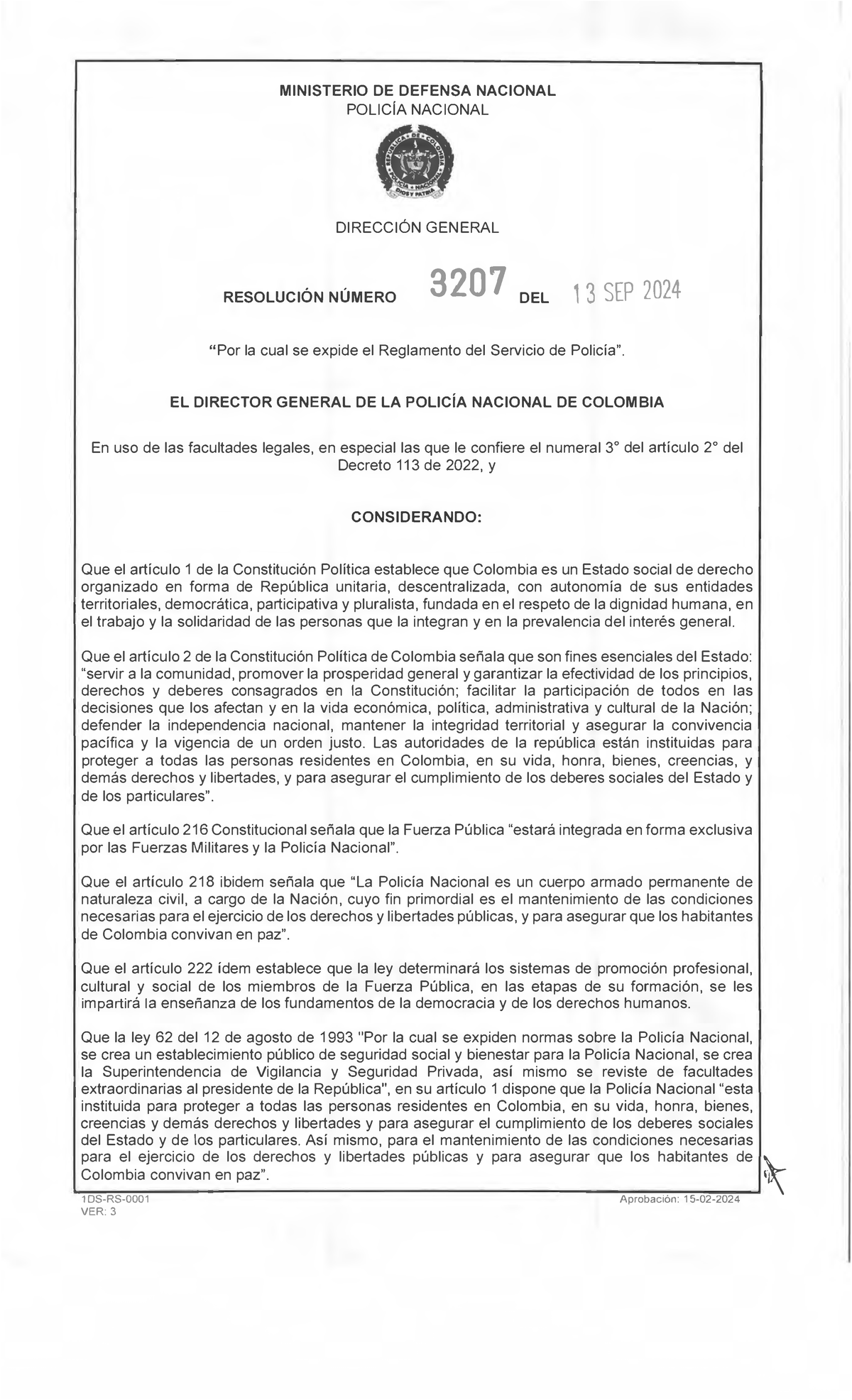 Reglamento del Servicio de Policía - Resolución 3207 del 13/09/2024 ...