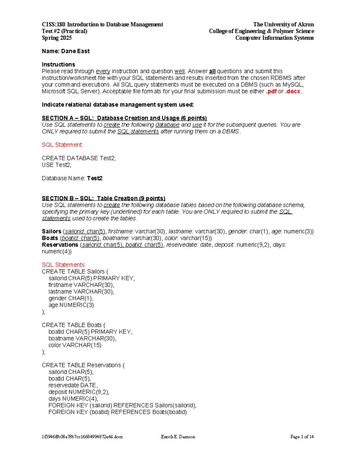 CIS 2025: SQL Test #2 Practical Exercises for Relational DB Management ...