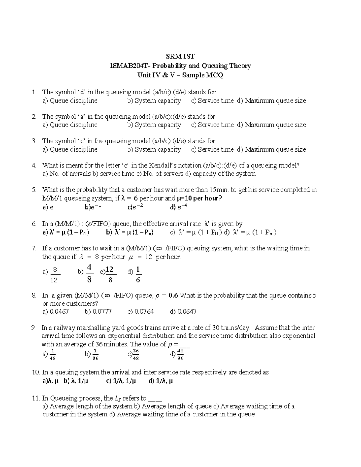 PQT SRM IST Unit IV & V Sample MCQs for Probability and Queuing Theory ...
