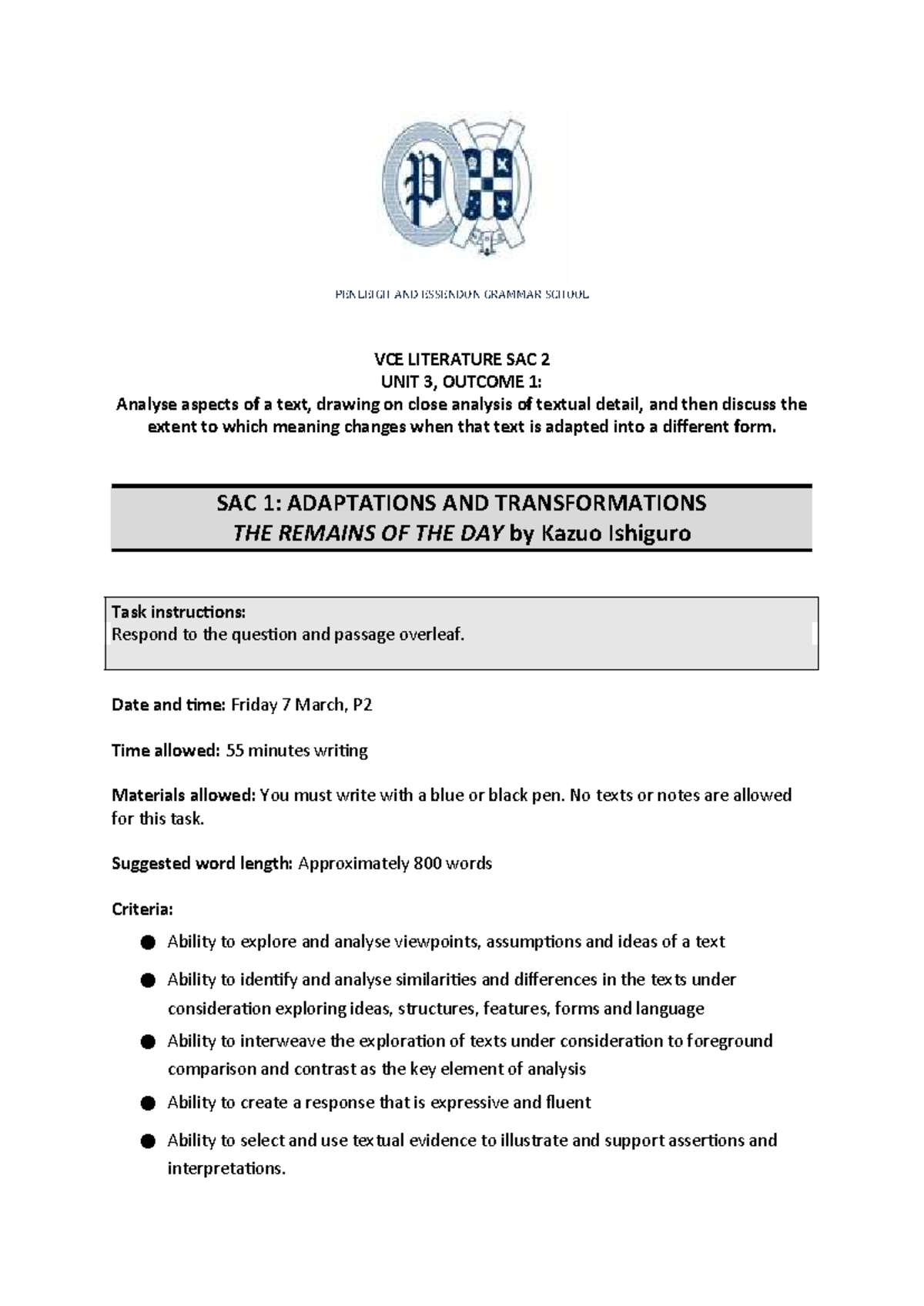 SAC 2 VCE Literature Unit 3: Analysis of Adaptations in "The Remains of ...
