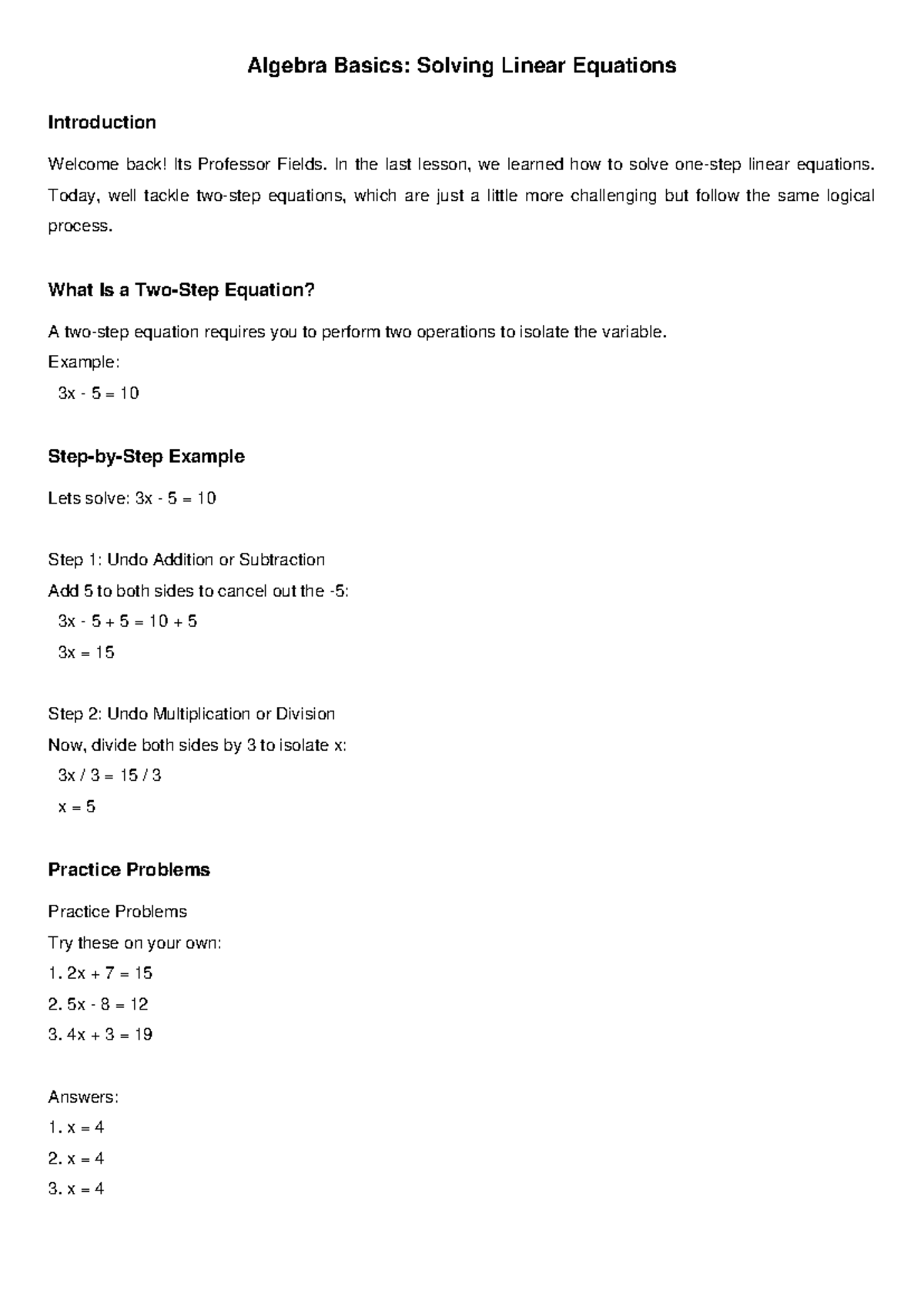 Algebra Basics: Solving Two-Step Equations (Lecture Notes) - Studocu