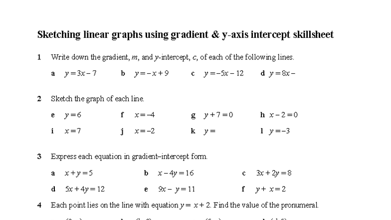 Yr10 Sketching Linear Graphs: Gradient & Intercept Skillsheet - Studocu