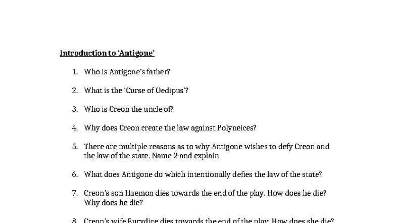 Antigone Analysis - Intro Q's Lesson 1 Quiz - Studocu
