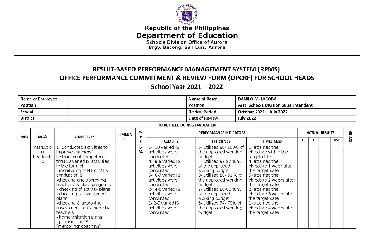 OPCRF 2021-2022 Final Report for School Heads' Performance Evaluation - Studocu