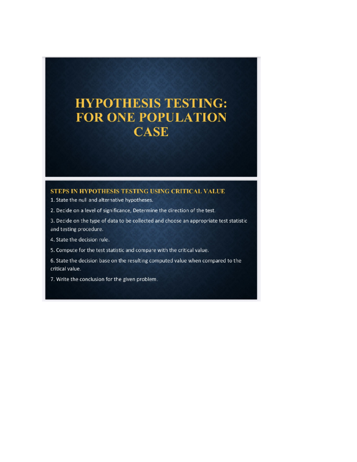 BA1 - Hypothesis testing for one population - HYPOTHESIS TESTING: FOR ...