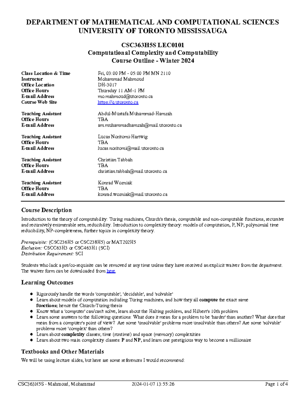 CSC363H5S Course Outline - Computational Complexity & Computability ...
