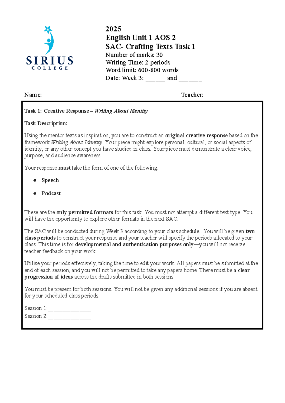 2025 ENG Unit 1 AOS 2 Crafting Texts Task 1: Creative Response on ...