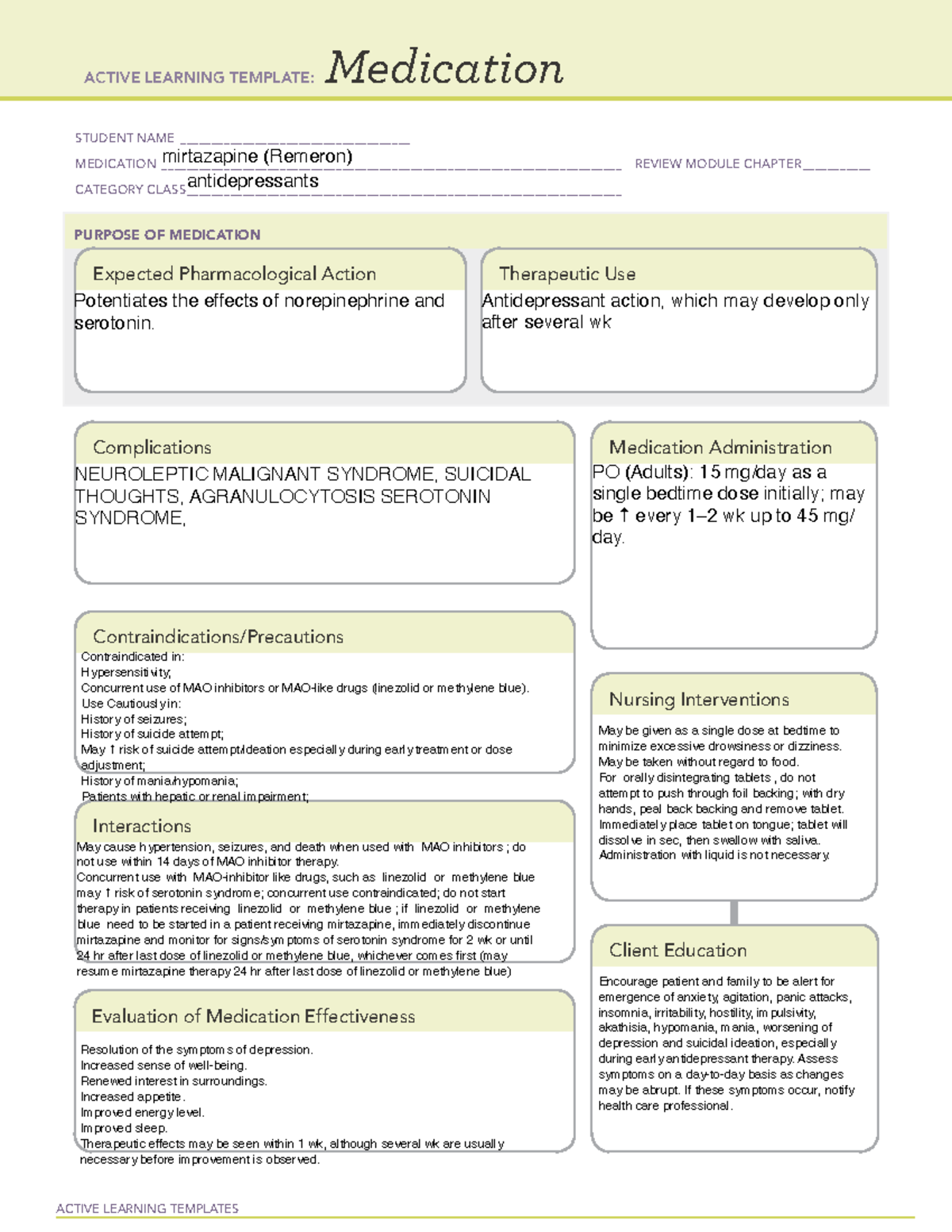 Remeron (mirtazapine) Medication Map - Active Learning Template - Studocu