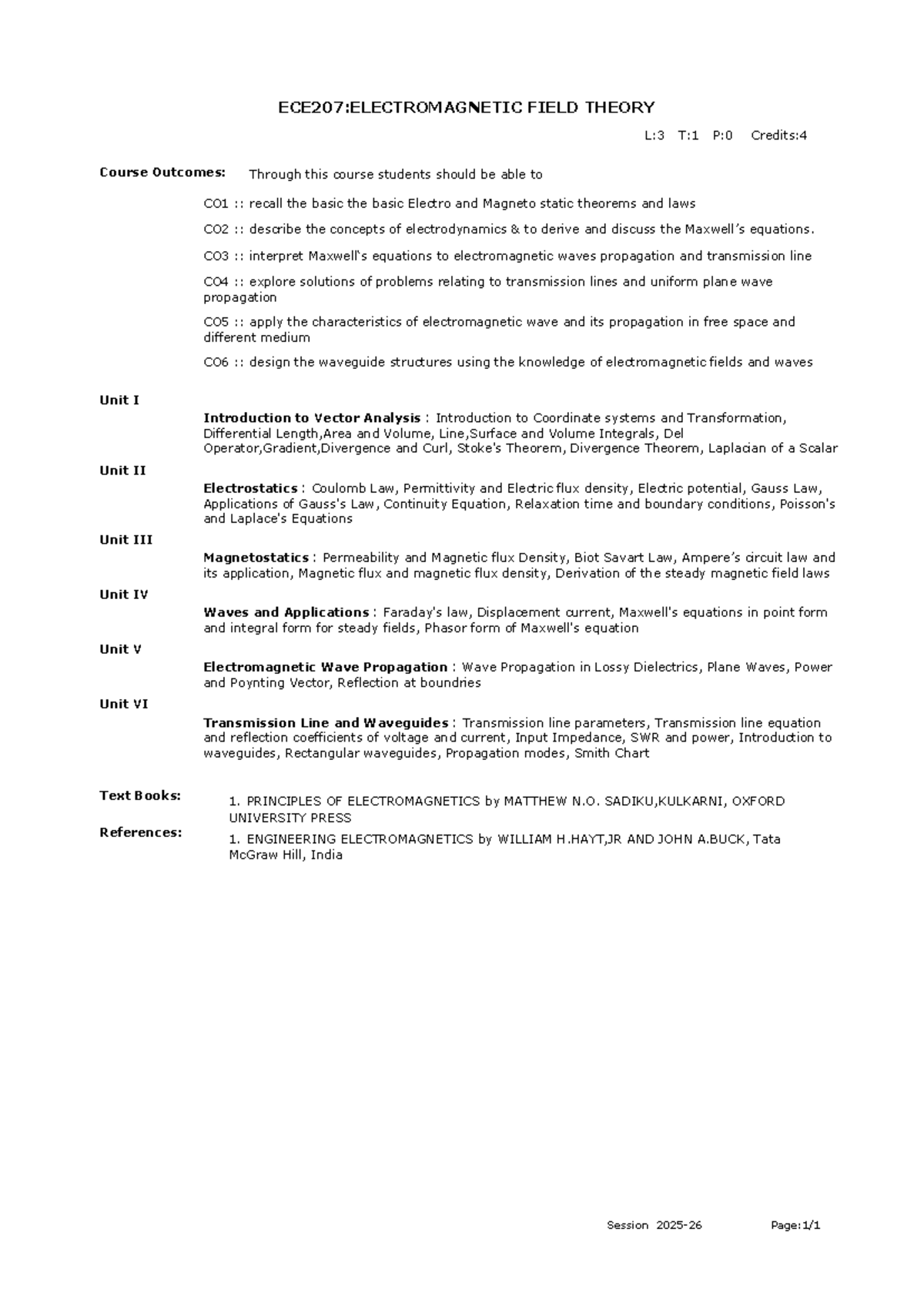 ECE207: Electromagnetic Field Theory - Course Syllabus & Outcomes - Studocu