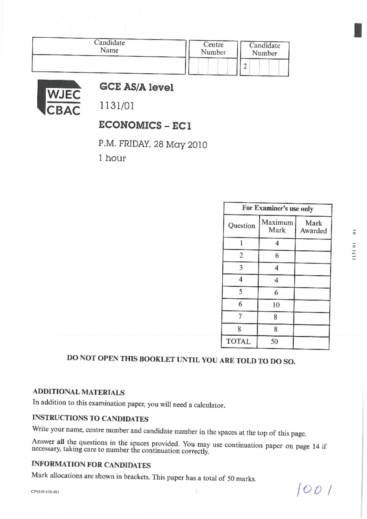 Economics - EC1 - EC 1 notes - Name GCE level WJ EC CB AC ECONOMICS PM ...
