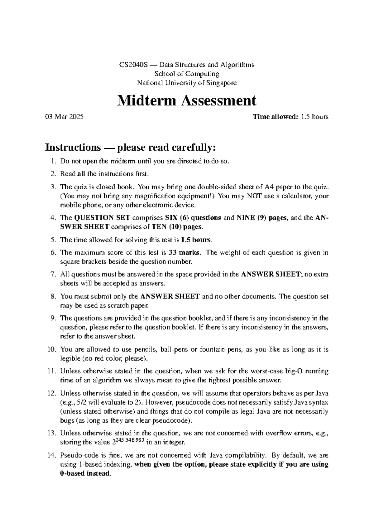 CS2040S Midterm Sample Paper with Solutions — 03 Mar 2025 - Studocu