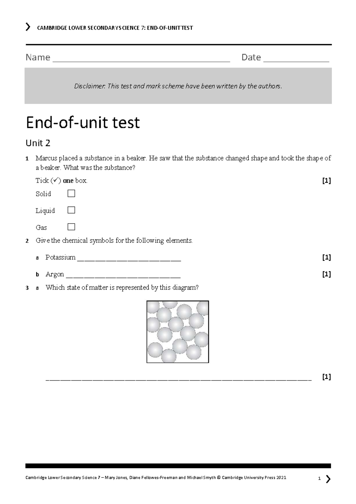 CAMBRIDGE LOWER SECONDARY SCIENCE 7: UNIT 2 TEST - Studocu