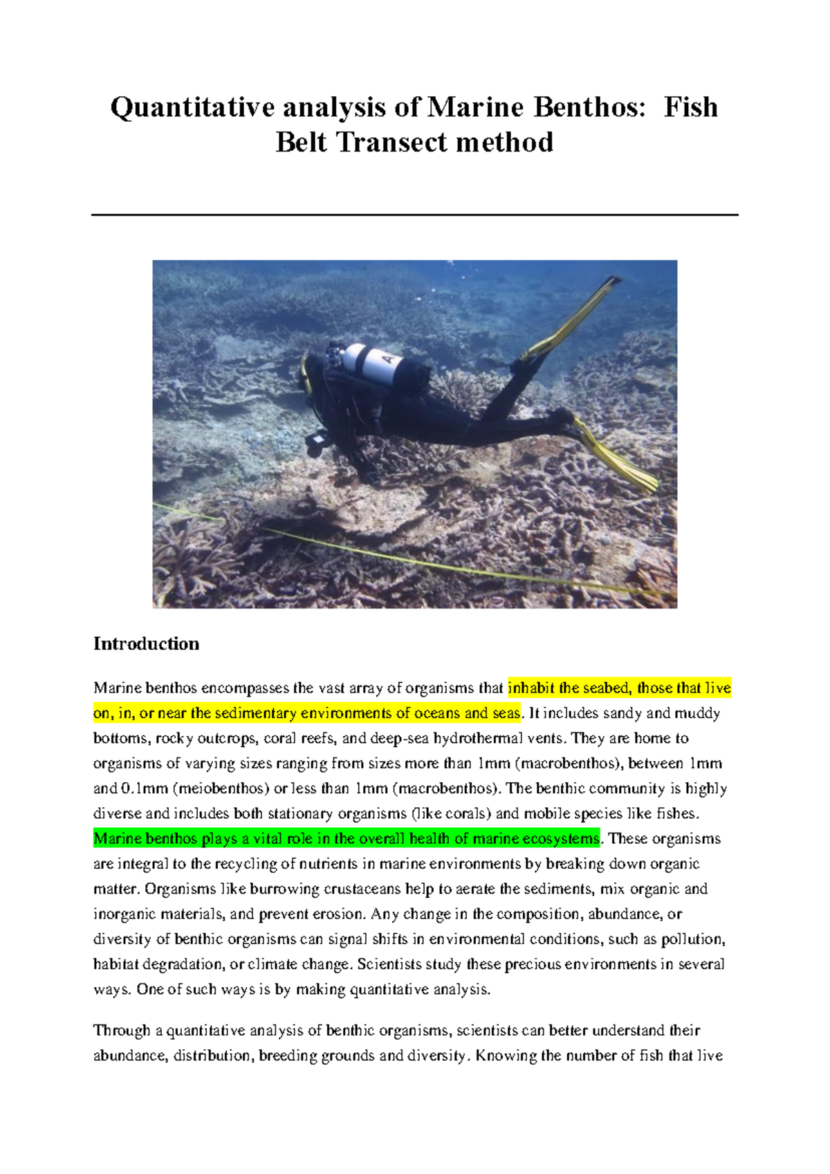 Quantitative Analysis of Marine Benthos: Fish Belt Transect Method ...