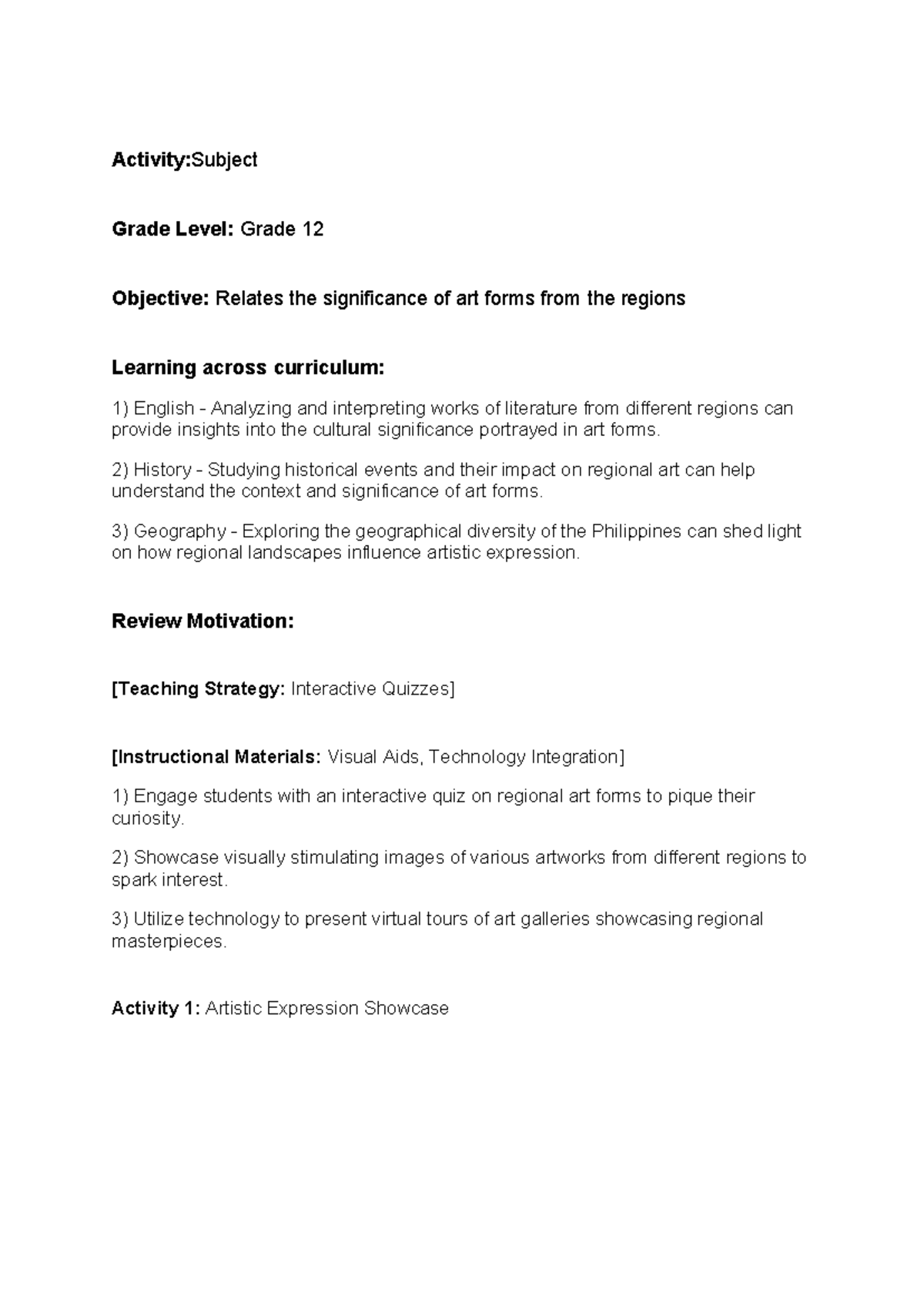 Lesson Plan: Exploring Art Forms in Philippine Culture (Grade 12) - Studocu
