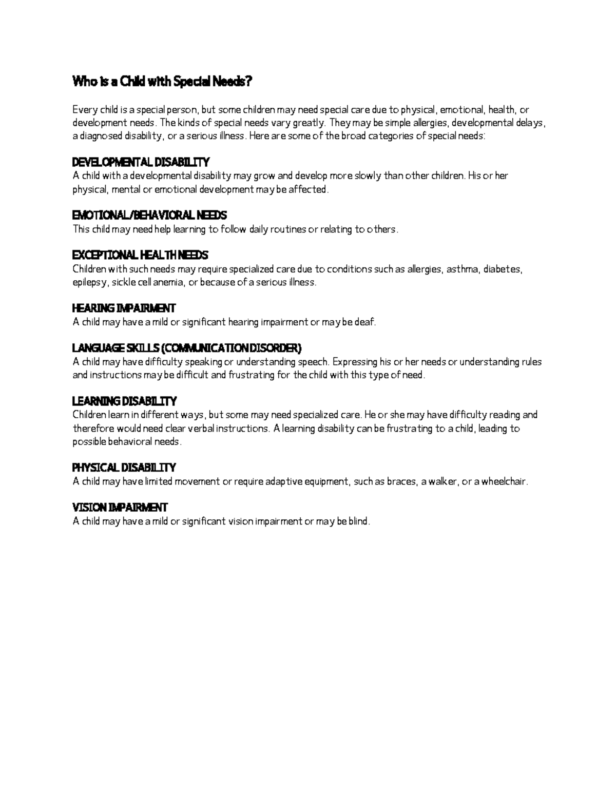 Understanding Children with Special Needs: Categories and Care - Studocu