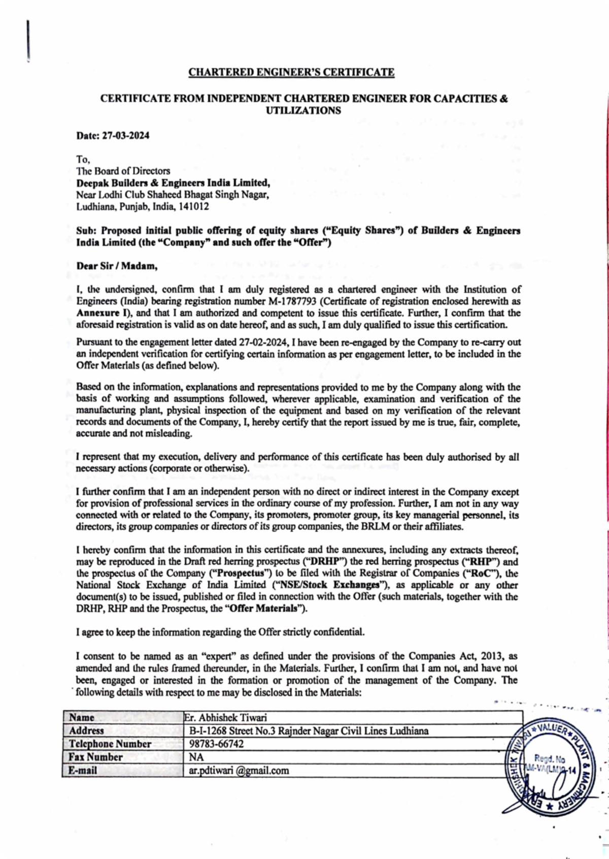 Certificate from Chartered Engineer for Capacity Utilization - IPO ...
