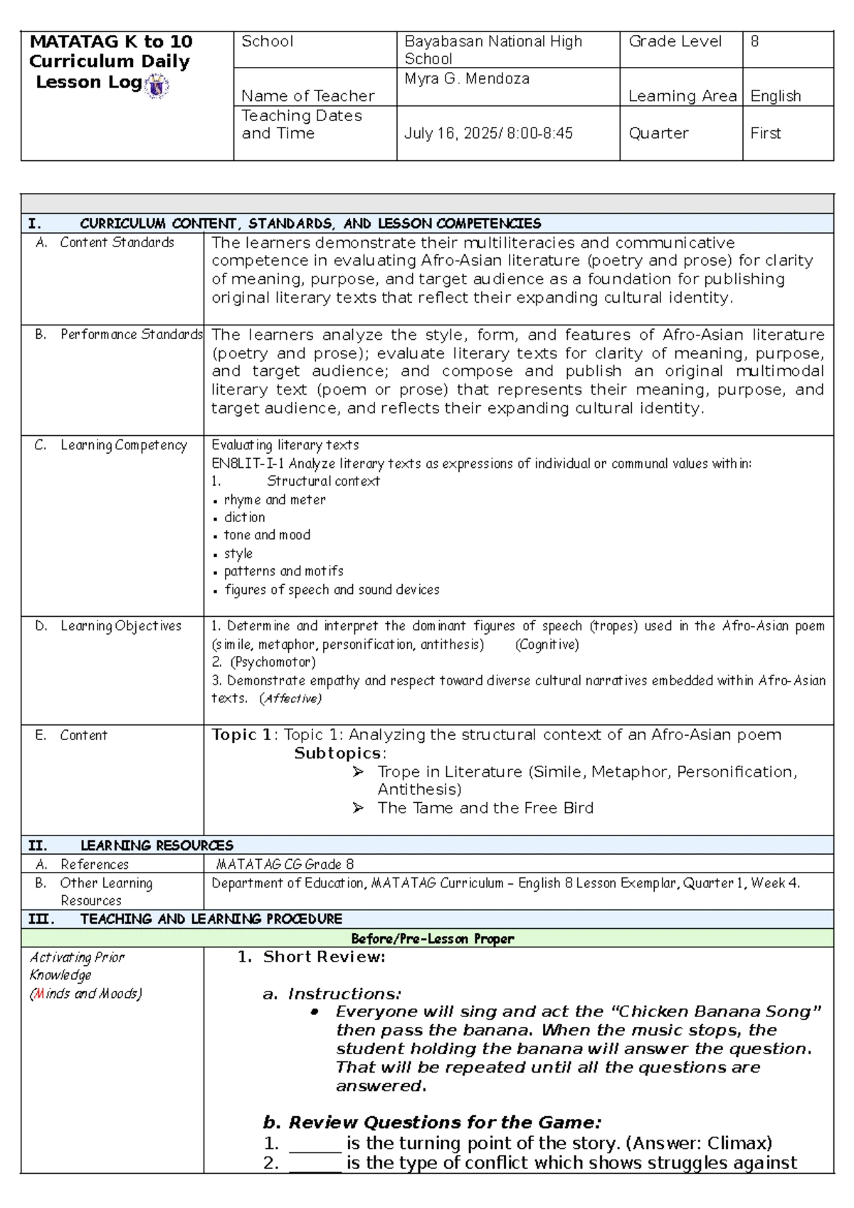 LE G7 English Q1 W1 - Poetry Lesson Exemplars and Activities - Studocu