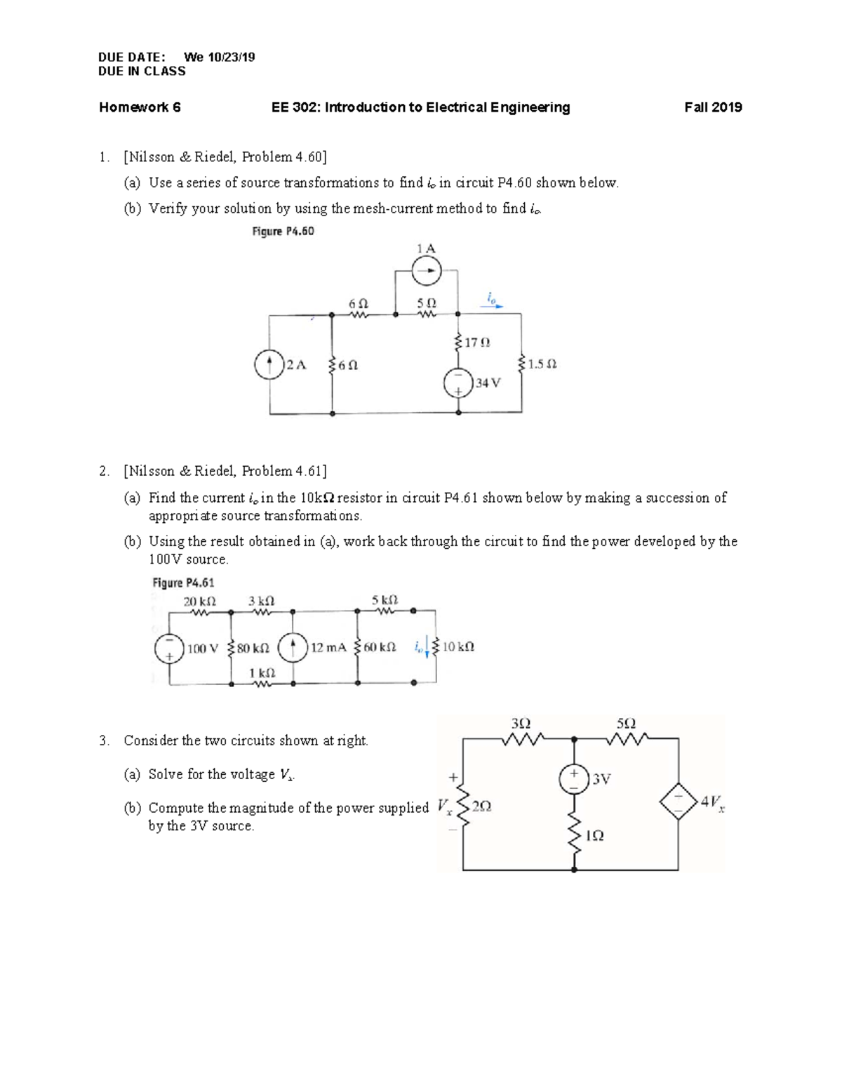HW6 F19 - Homework 6 Solutions for EE302: Electrical Engineering - Studocu