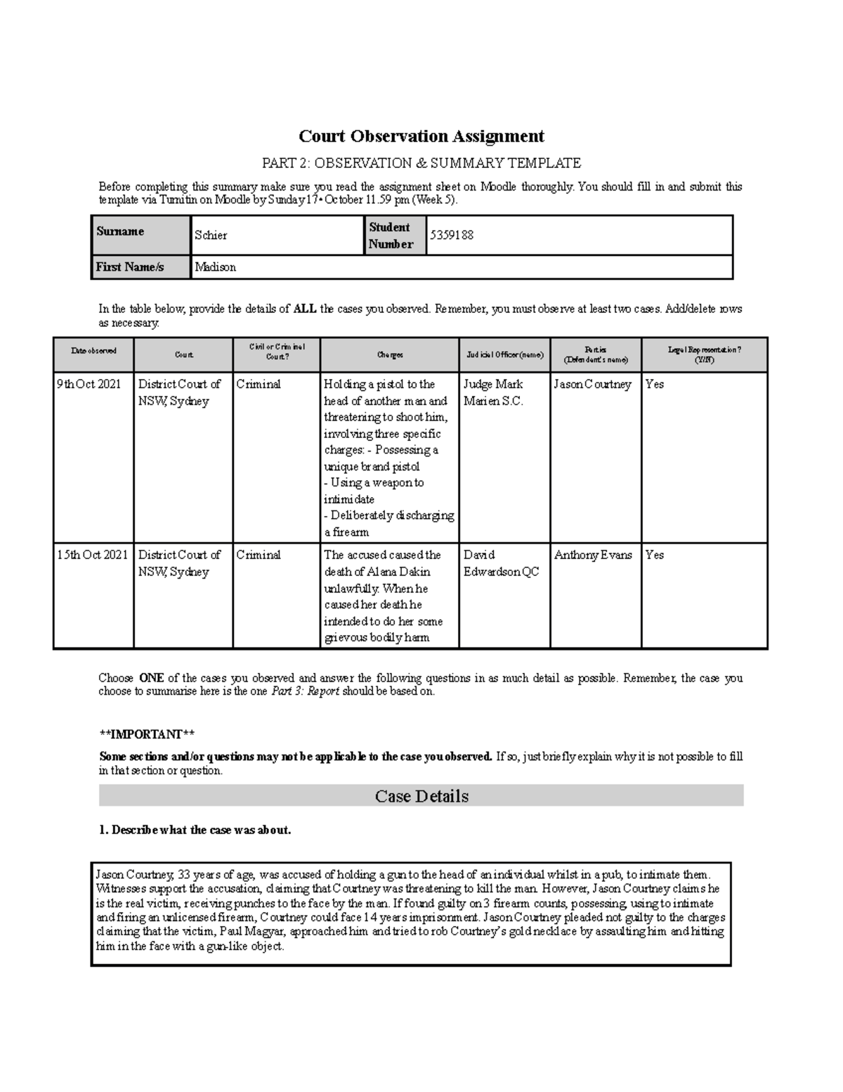 Court Observation Assignment: Summary of Case Studies in Criminal Law ...