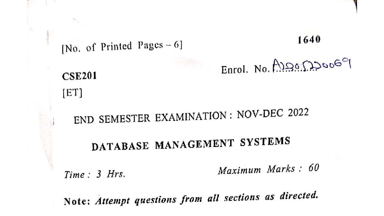 CSE201 END SEMESTER EXAM 2022: DBMS Major PYQs for Practice - Studocu