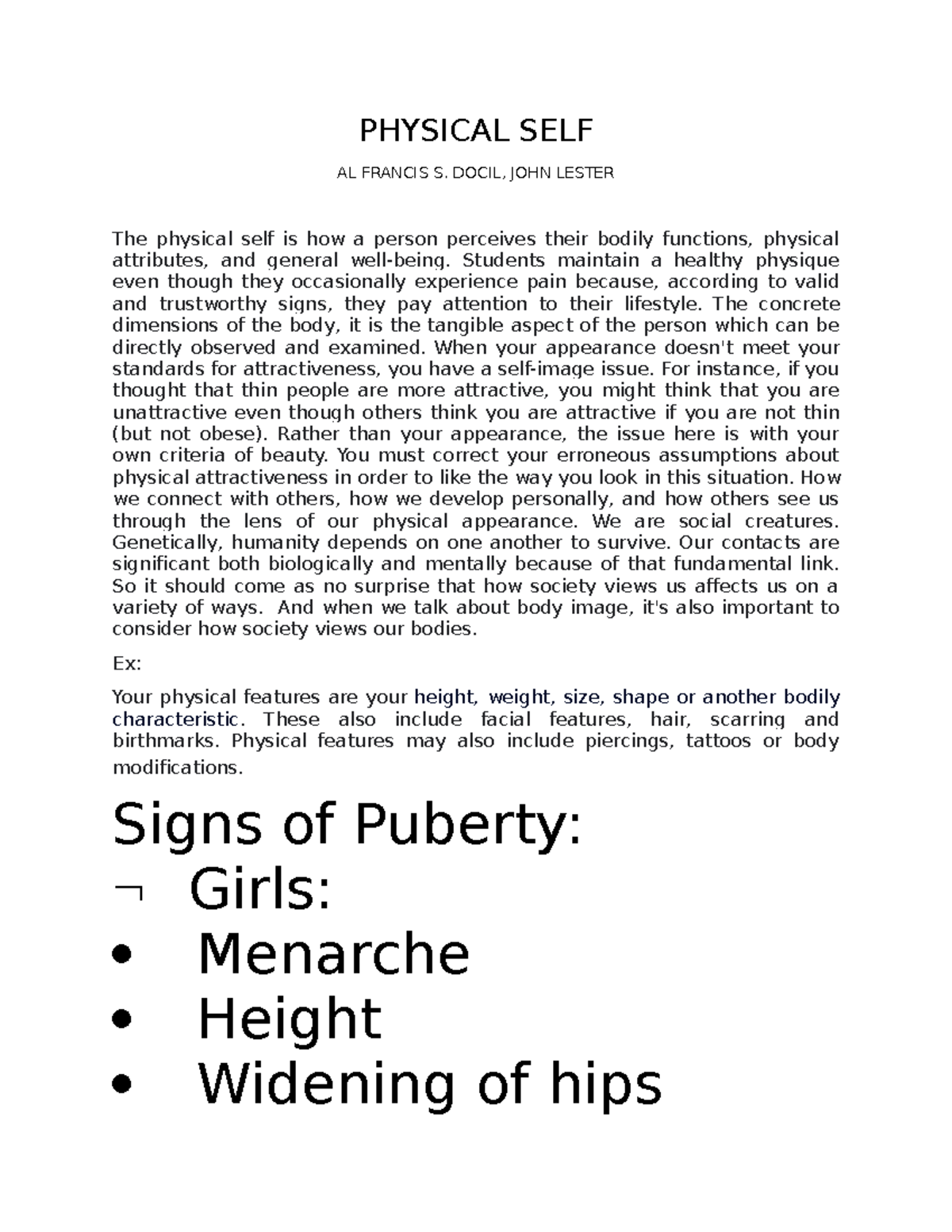 Physical Self: Understanding Body Image and Puberty Signs - Studocu