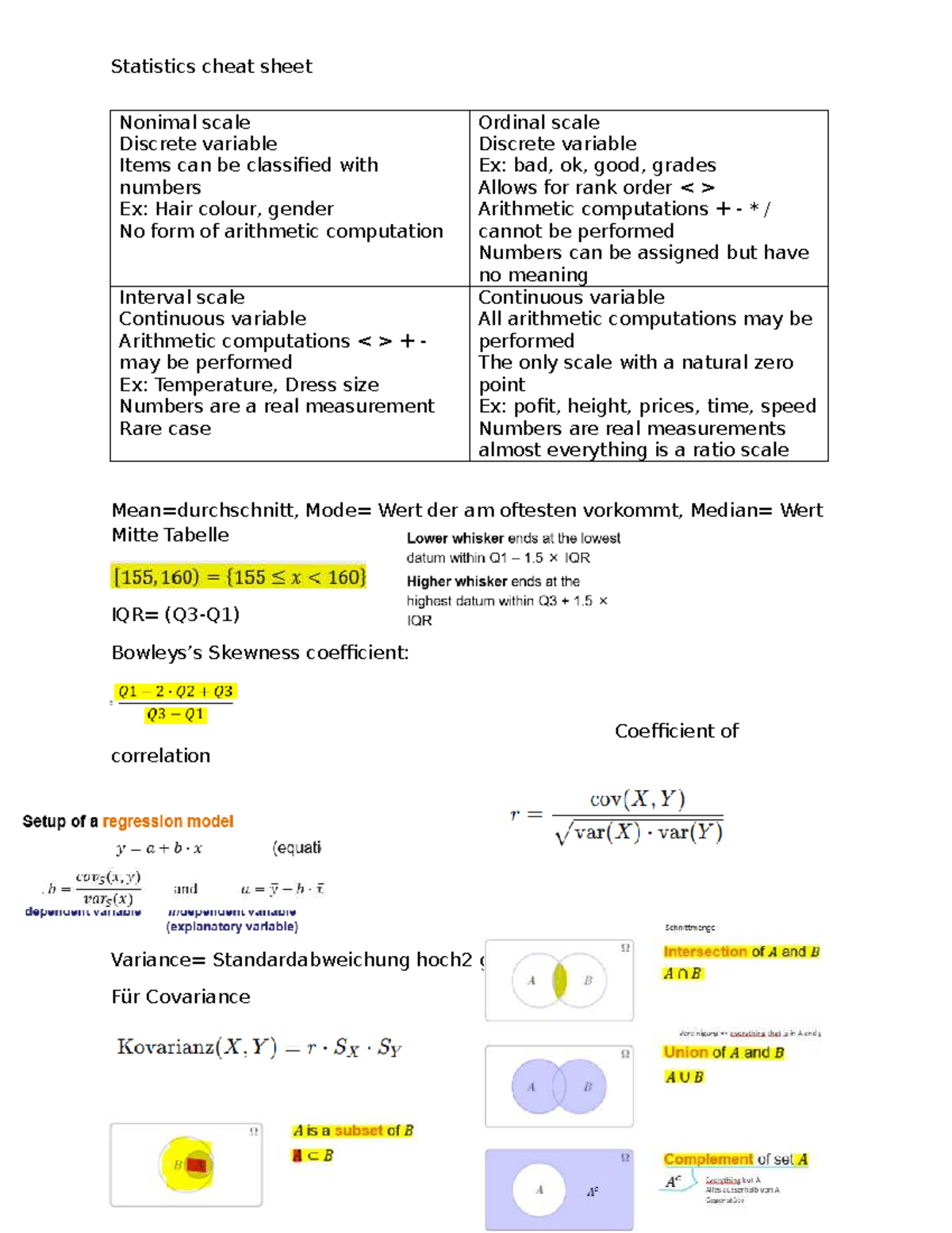 Statistics Cheat Sheet: Scales of Measurement and Key Concepts - Studocu