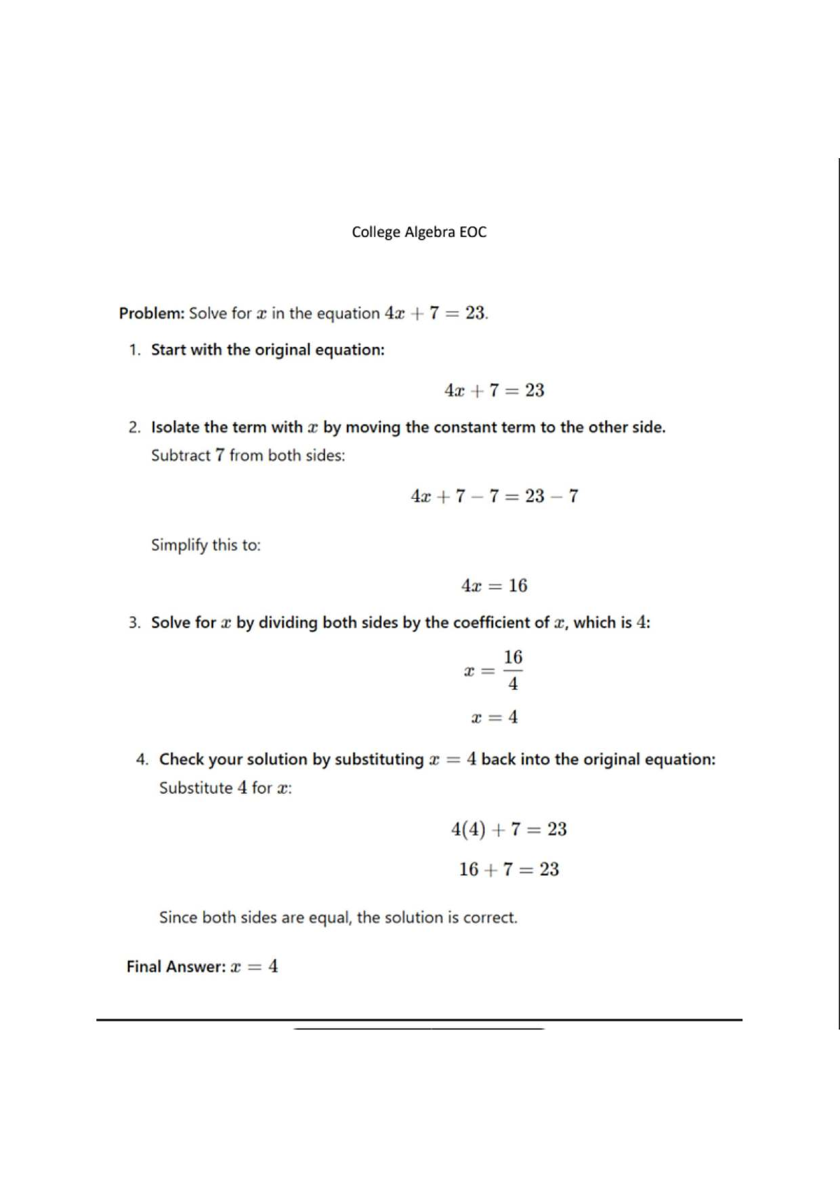 College Algebra EOC: Solving for x in 4x + 7 = 23 - Studocu