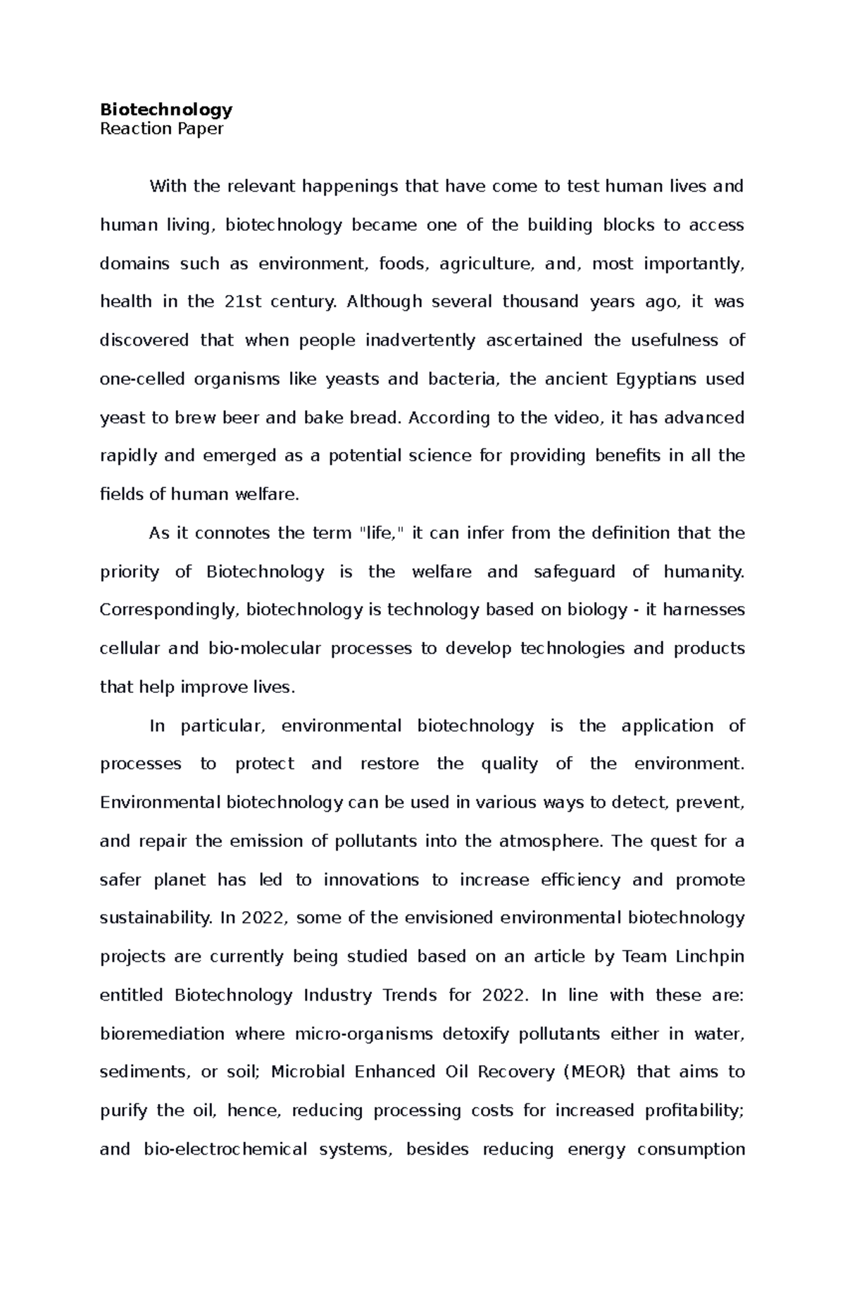 Biotechnology Reaction Paper: The Role of Science in Society - Studocu