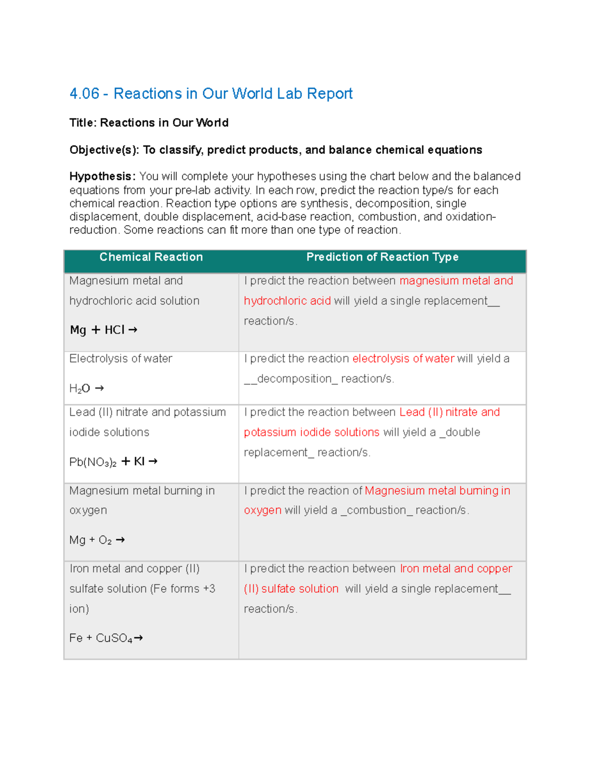 4.06 Lab Report: Classifying Chemical Reactions and Predictions - Studocu