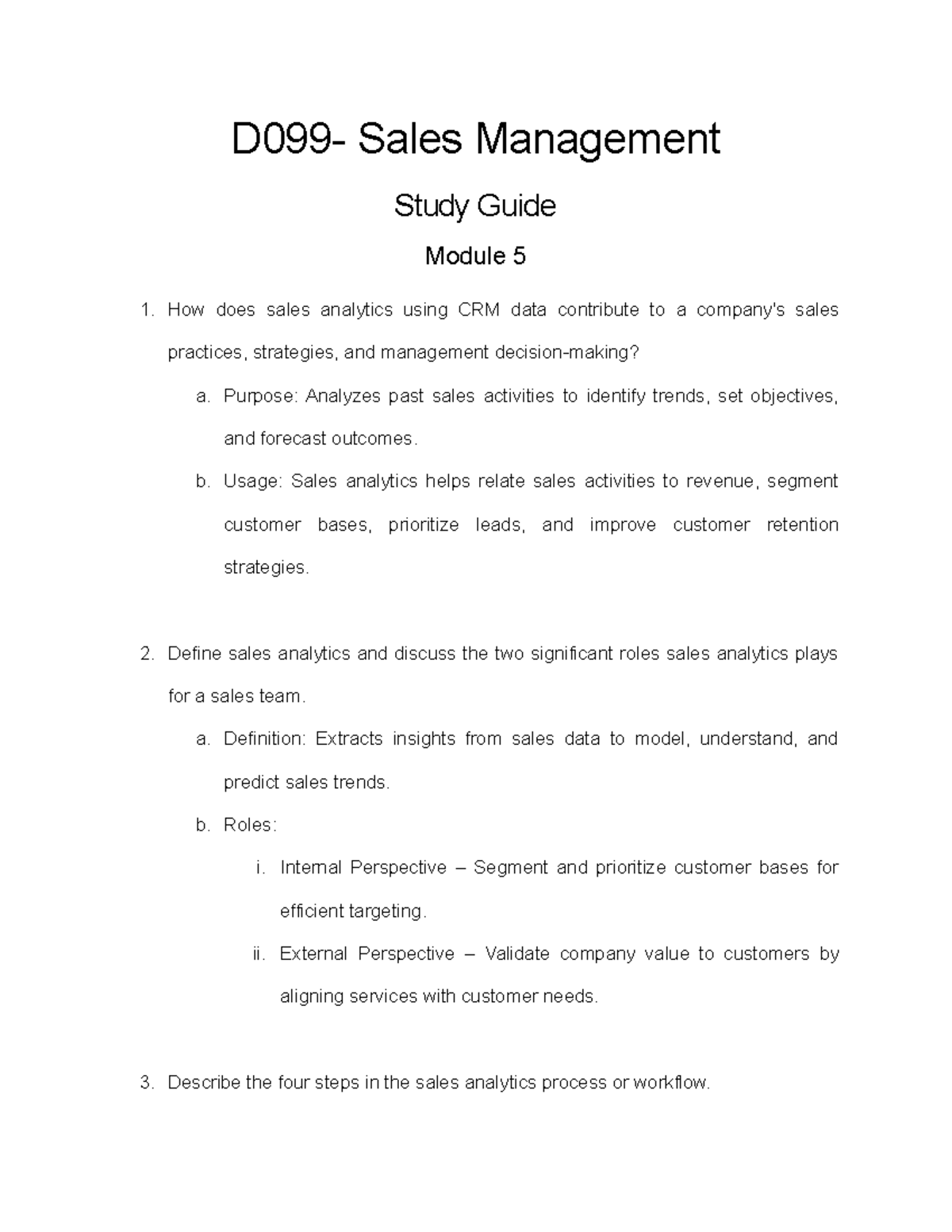 D099-Sales Management Study Guide: Module 5 Insights and Analytics ...