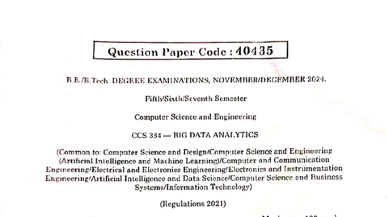 BDA CCS 334 Nov-Dec 2024 Question Paper - Big Data Analytics - Studocu