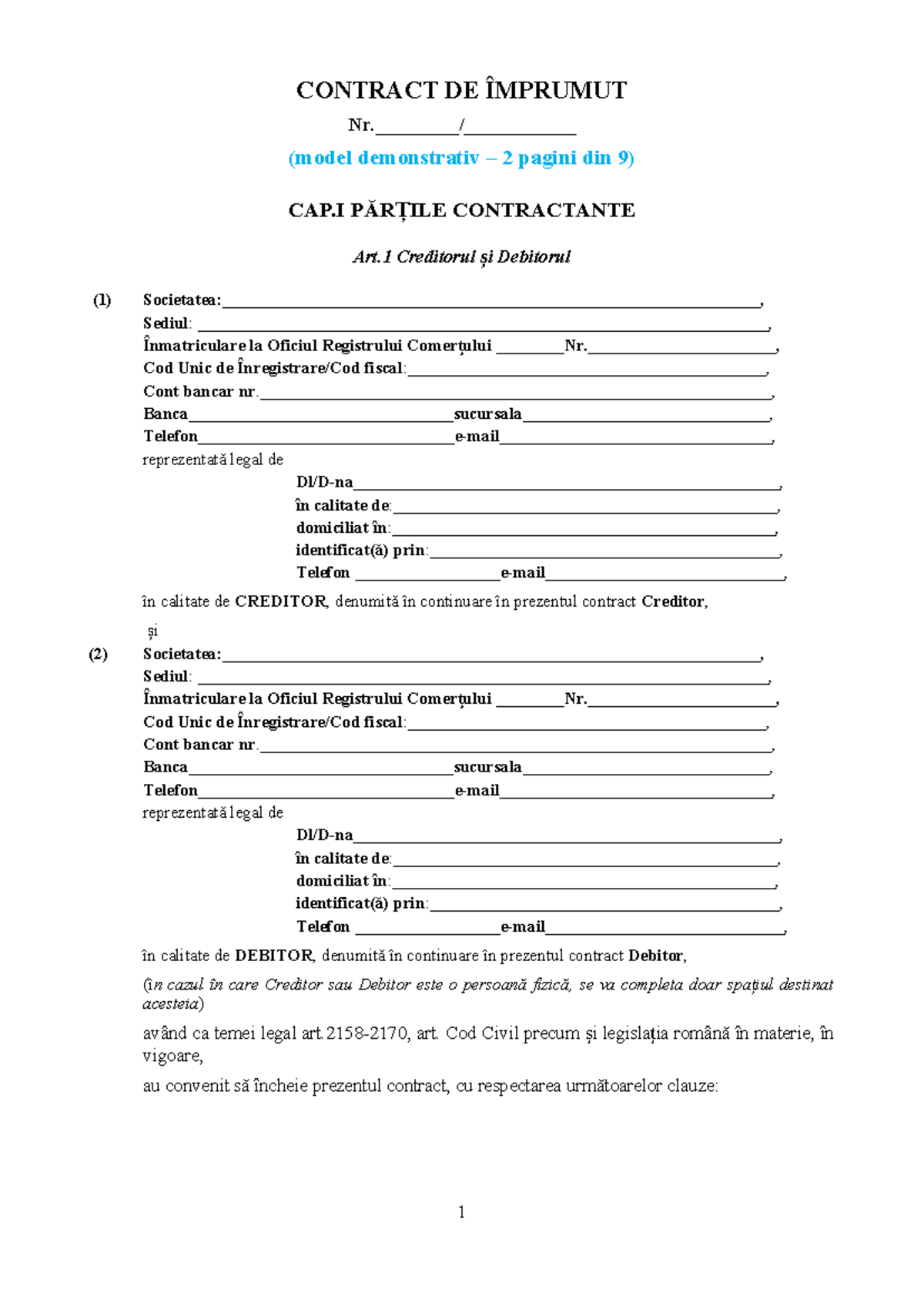 Demo contract imprumut fara garantie - CONTRACT DE ÎMPRUMUT Nr./___ (model demonstrativ – 2 ...