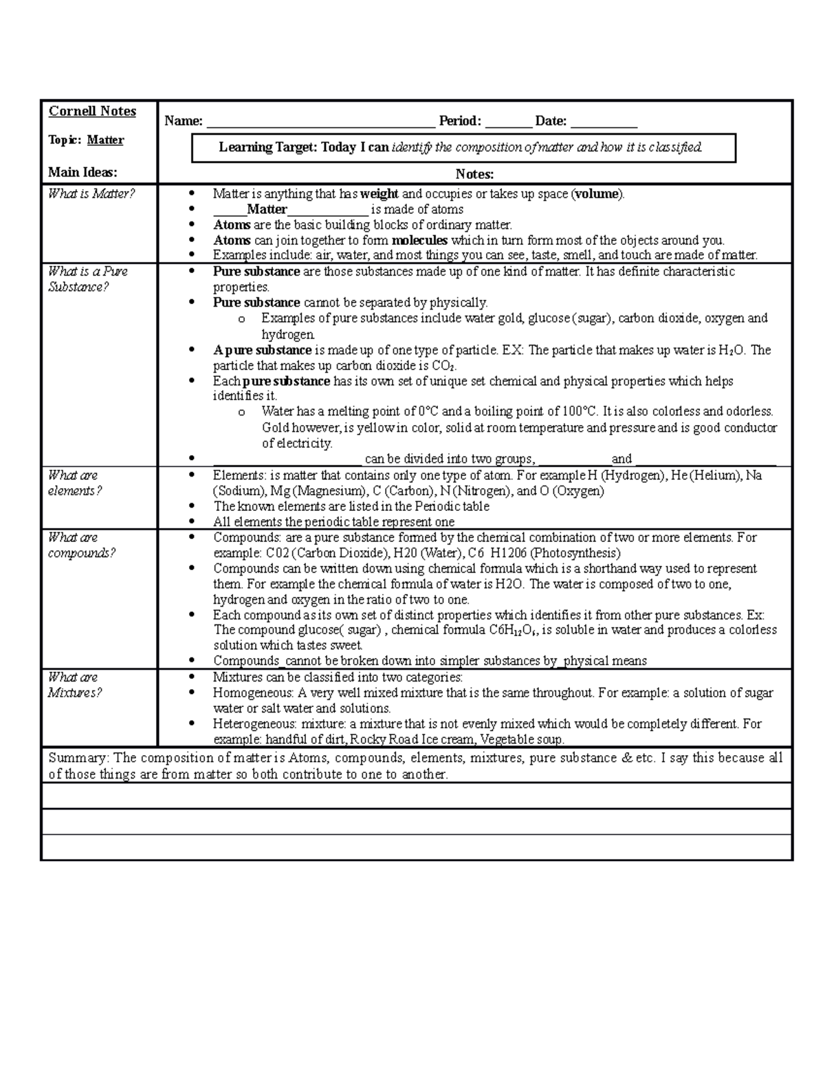 Matter Overview: Cornell Notes on Atoms, Elements, Mixtures & Compounds ...