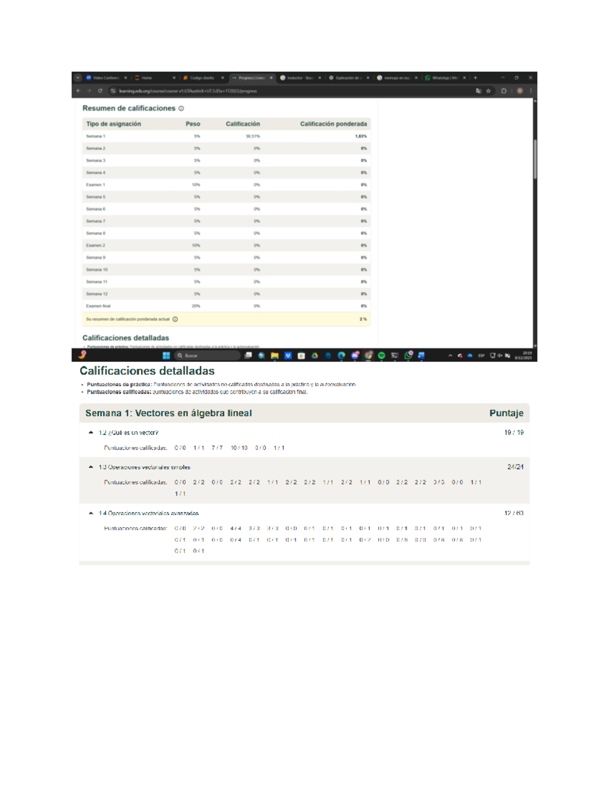 Avance del Curso: Álgebra Lineal - Resumen de Calificaciones y ...