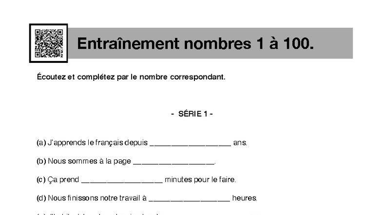 Nombres de 1 à 100 - Exercices en Français SÉRIE 1 à 4 - Studocu