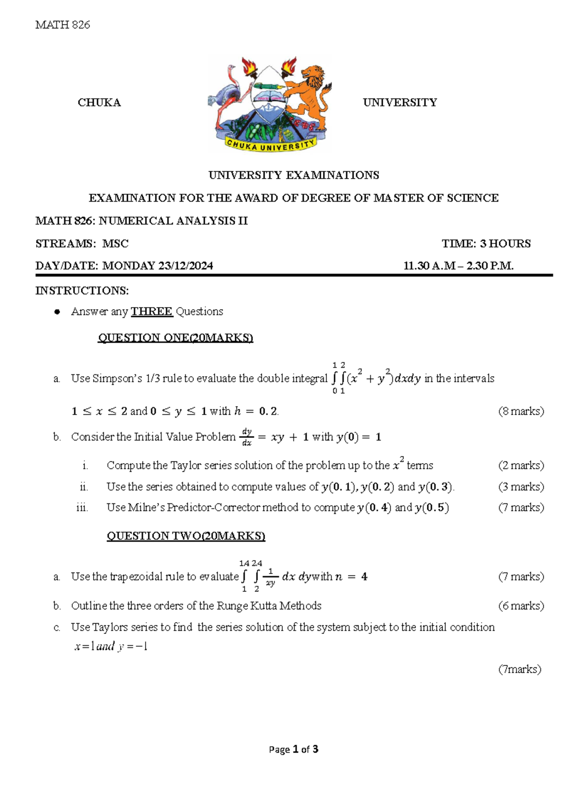 MATH 826 - Numerical Analysis II Exam Questions and Solutions - Studocu