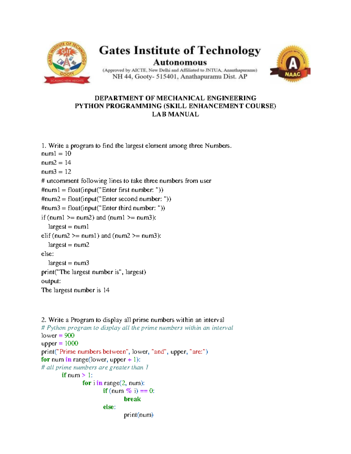 MECHANICAL ENGINEERING SOC LAB MANUAL: PYTHON PROGRAMMING EXERCISES - Studocu