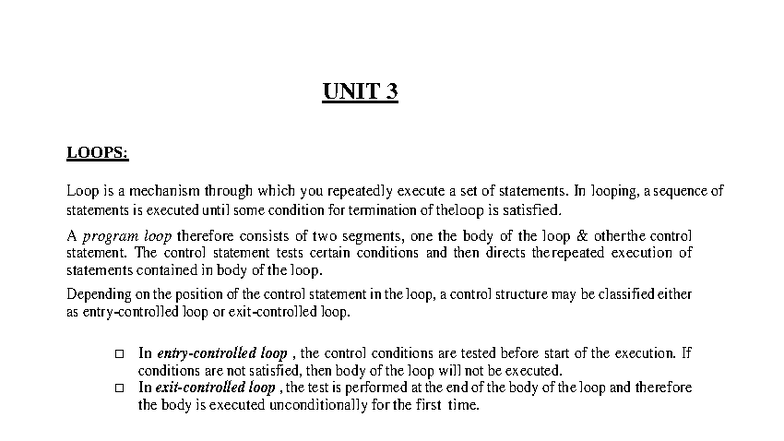 UNIT 3: Loops and Arrays in C Programming - PPS Notes - Studocu
