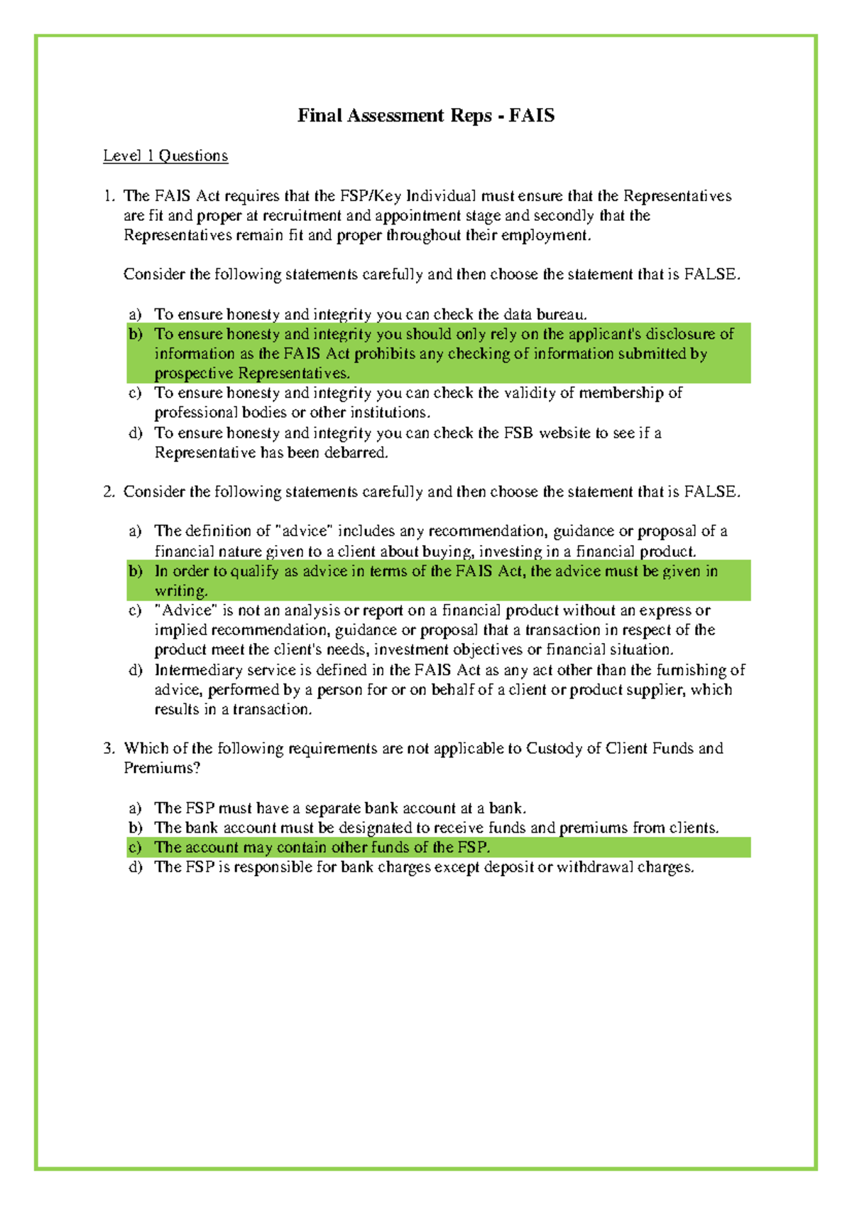 FAIS Level 1 Final Assessment Question Bank - 500 Q&As - Studocu
