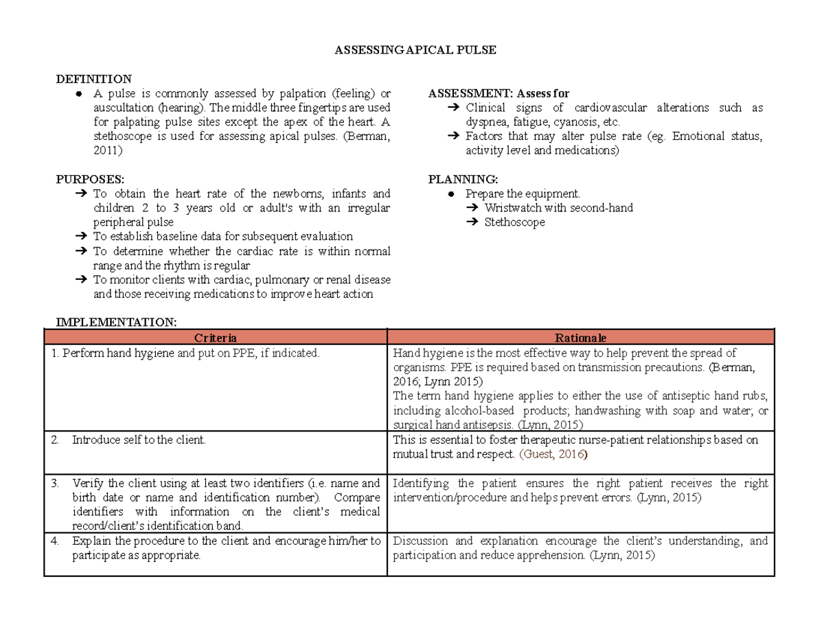 Assessing Apical Pulse - ASSESSING APICAL PULSE DEFINITION A pulse is ...
