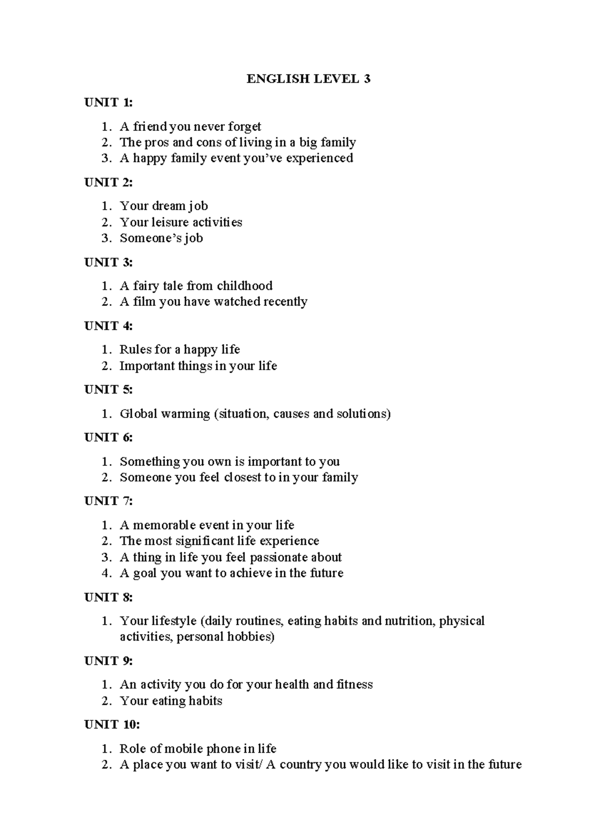 English Level 3 Test Topics and Unit Summaries - Studocu