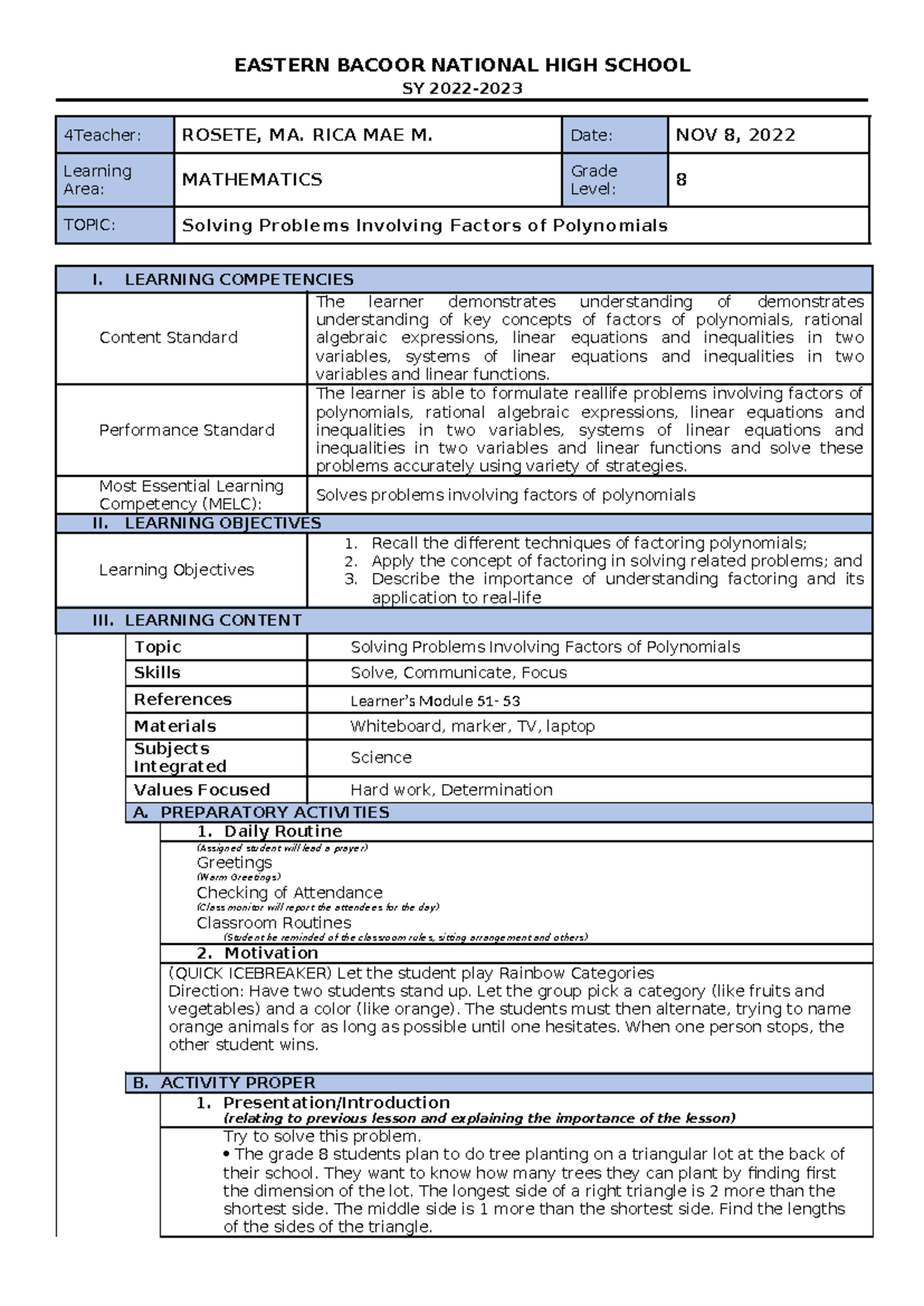MATH 8 Q2 W1 Rosete - Daily Lesson Plan for Quarter 3 week 1 - SY 2022 ...