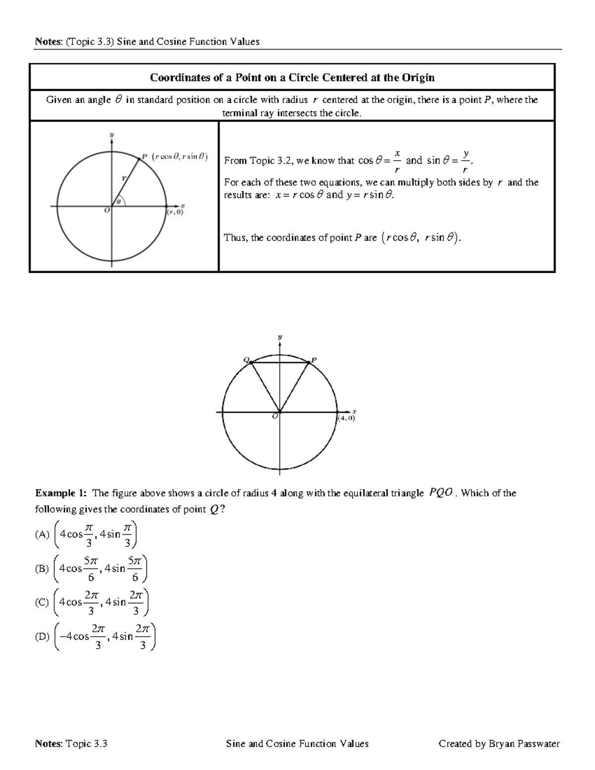 Notes: Topic 3.3 Sine & Cosine Function Values and Circle Coordinates ...