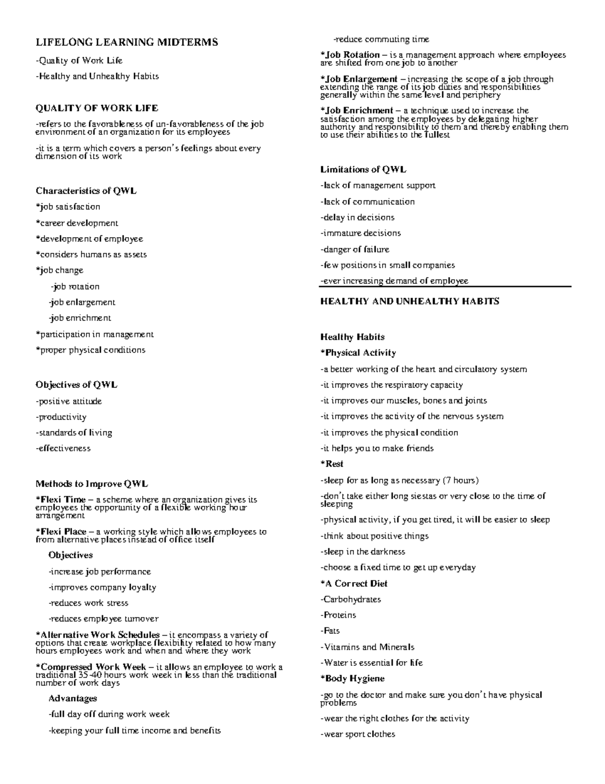 Lifelong Learning Midterm Study Notes: Quality of Work Life & Habits ...