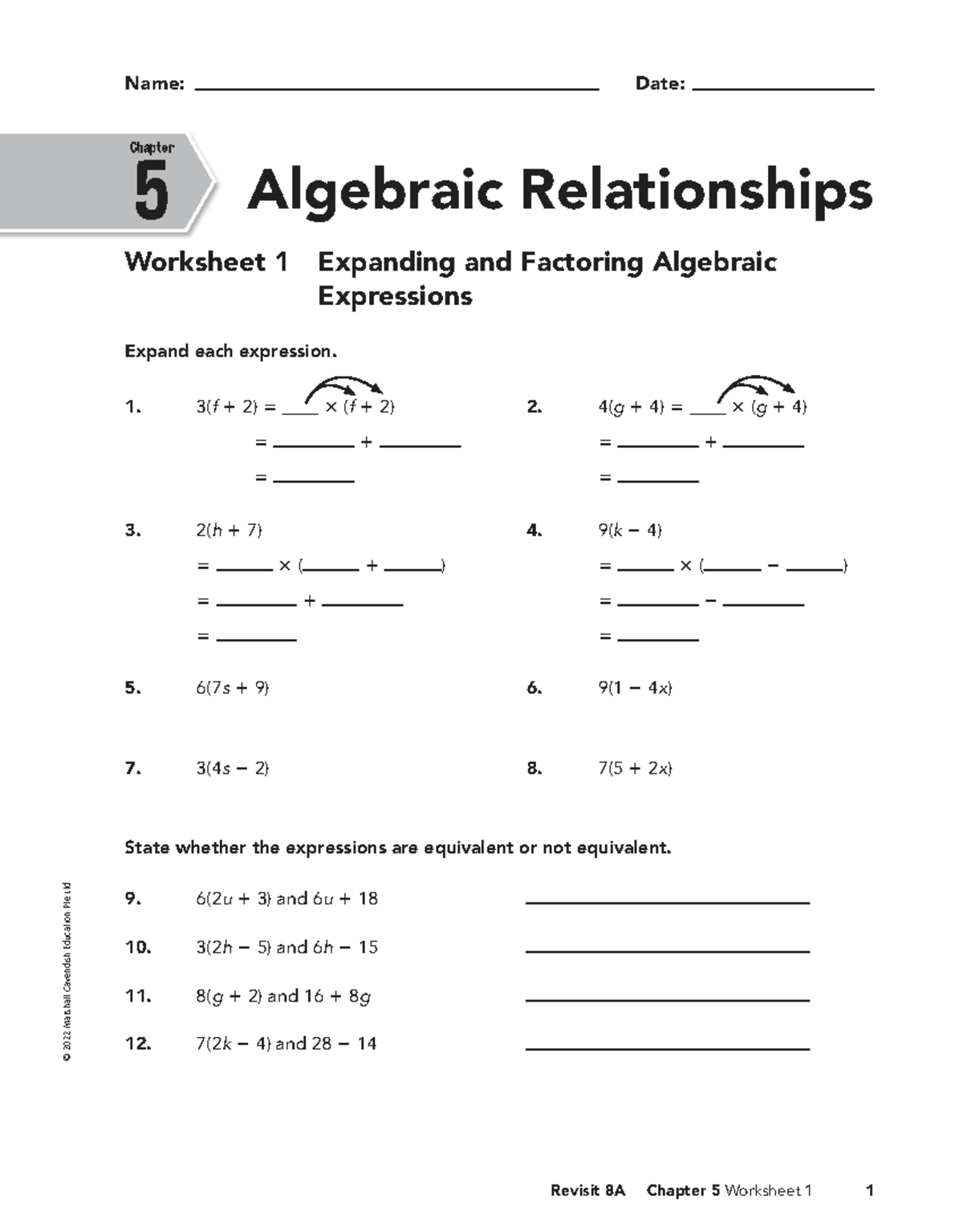 Chapter 5 Algebraic Relationships Worksheet 1: Expanding & Factoring ...
