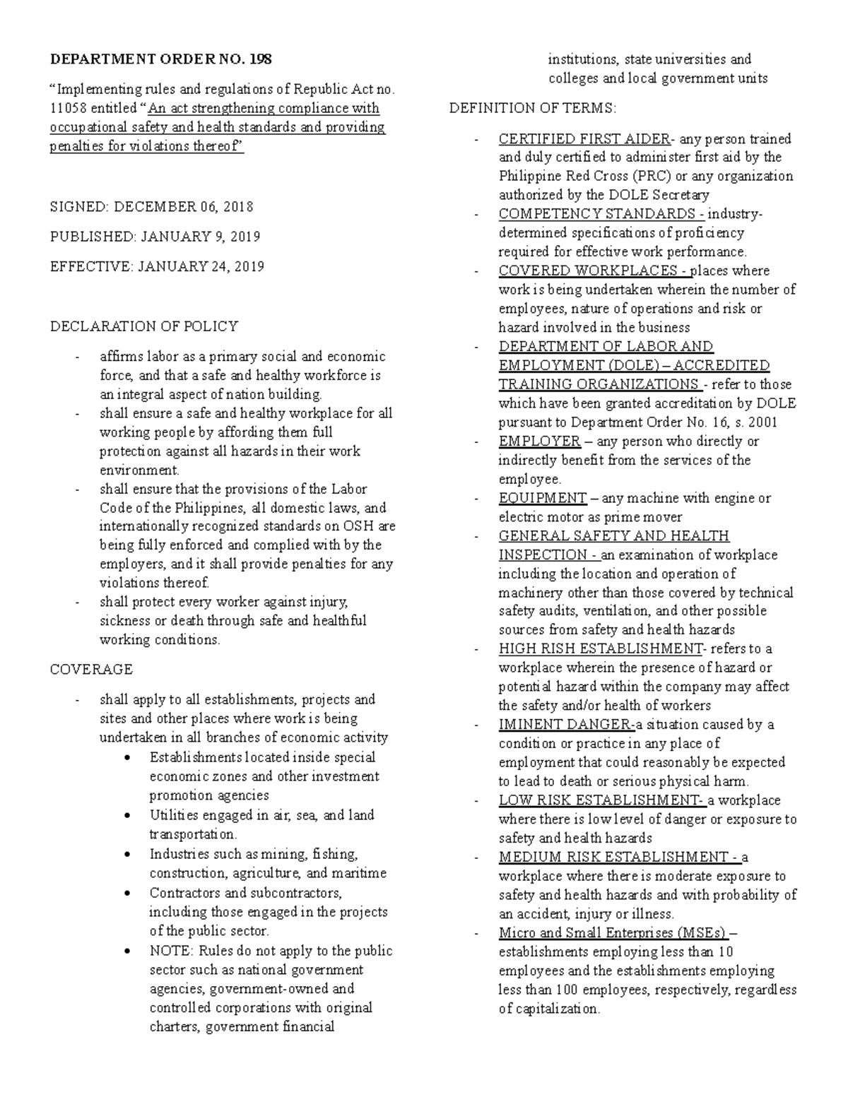 COSH Reviewer: Implementing Rules of RA 11058 on OSH Standards - Studocu