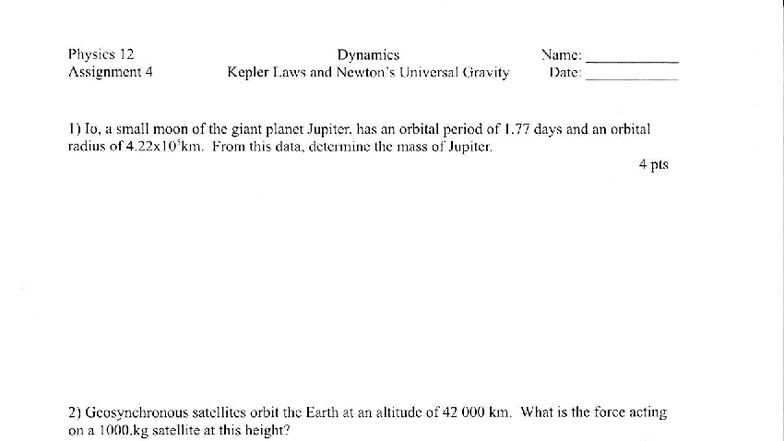 Assignment 4: Physics 12 Kepler Laws & Universal Gravity Analysis - Studocu
