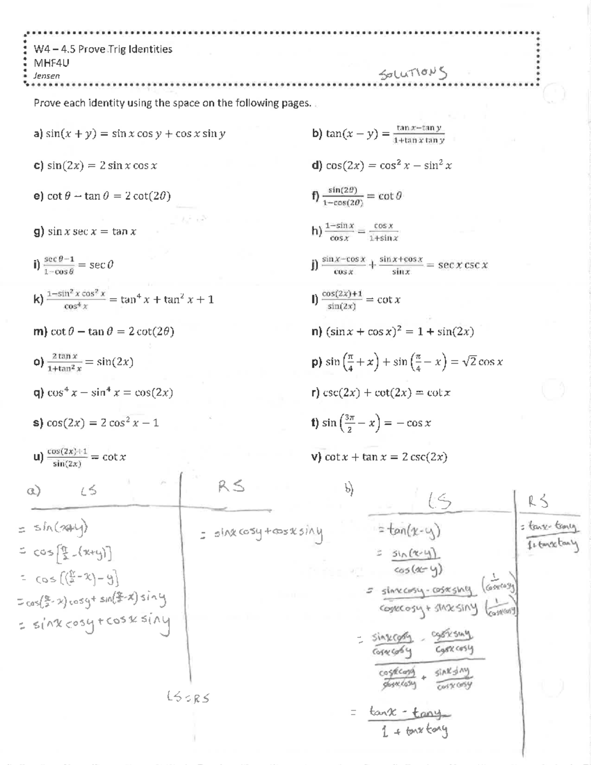MHF4U - Trig Identity Solutions and Proofs - Studocu