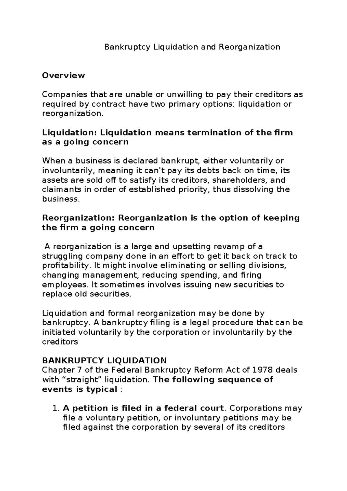 Bankruptcy Liquidation and Reorganization - Bankruptcy Liquidation and ...